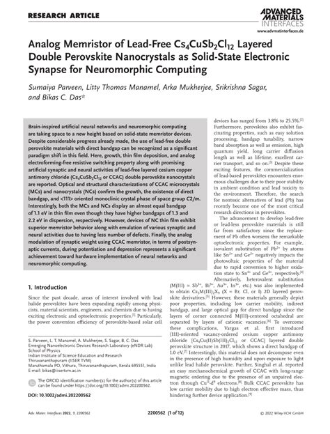 Analog Memristor Of Lead‐free Cs 4 Cusb 2 Cl 12 Layered Double Perovskite Nanocrystals As Solid
