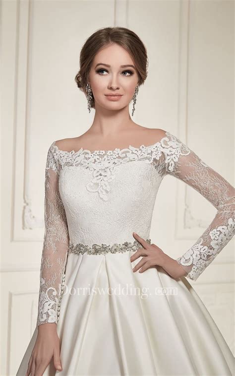 A Line Floor Length Bateau Neck Illusion Sleeve Illusion Satin Dress