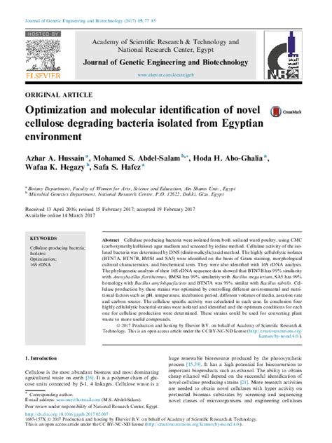 Pdf Optimization And Molecular Identification Of Novel Cellulose Degrading Bacteria Isolated