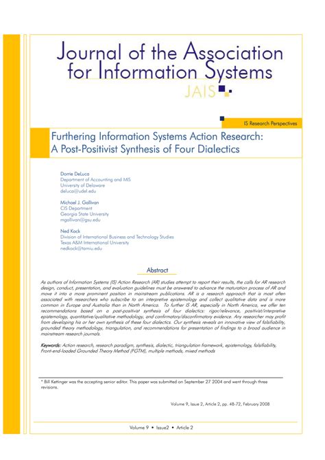 Pdf Furthering Information Systems Action Research A Post Positivist Synthesis Of Four Dialectics