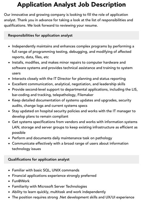 Application Analyst Job Description Velvet Jobs