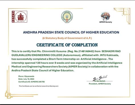 Completed A Short Term Internship On Ai By Aimer Society Kusuma