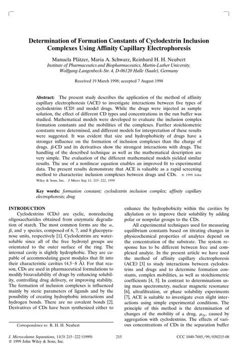 Pdf Determination Of Formation Constants Of Cyclodextrin Inclusion