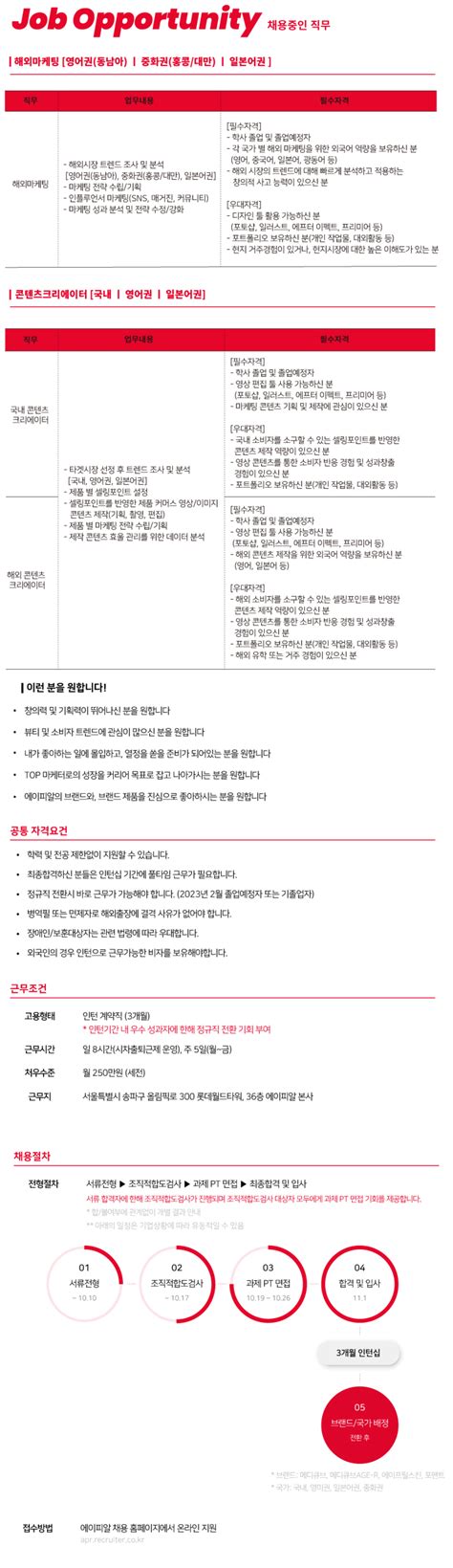 [마케팅] 2022 에이피알 마케팅 인턴 무스펙 대규모 채용 공모전 대외활동 링커리어