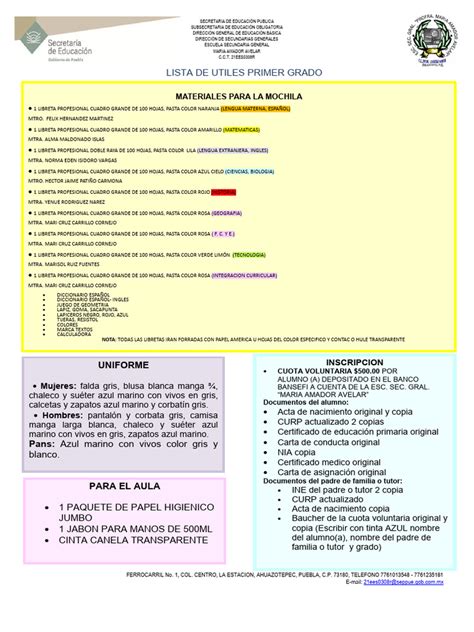Listas De Utiles Primer Grado Pdf Color Percepción Visual