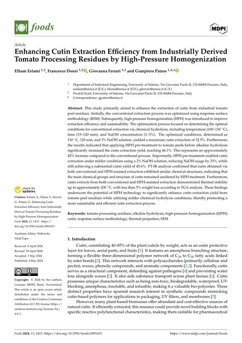 Pdf Enhancing Cutin Extraction Efficiency From Industrially Derived Tomato Processing Residues