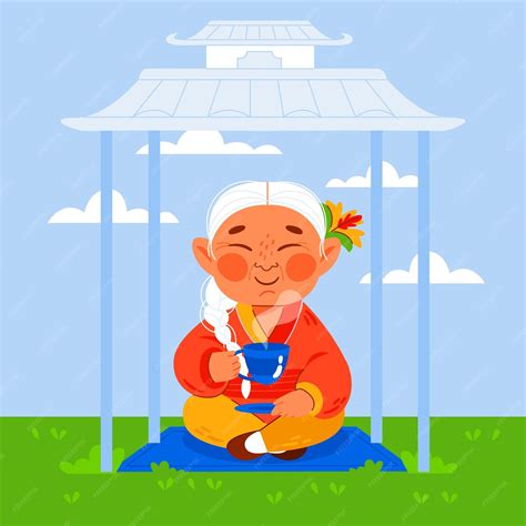 손으로 그린 아시아 노인 일러스트레이션 무료 벡터