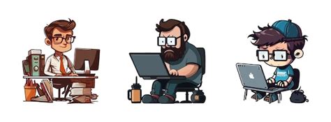 작업 프로그래머 문자 집합의 만화 구성 흰색 배경에 고립 생활 양식 프리미엄 벡터