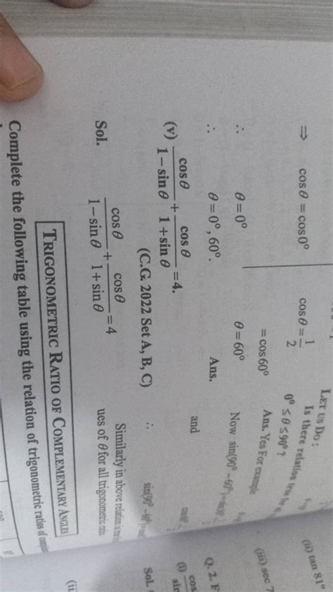 TrIGONOMETRIC RATIO OF COMPLEMENTARY AxclesComplete The Following Table