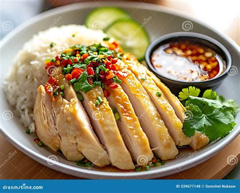 A Plate Of Hainanese Chicken Rice With Dipping Sauce Stock Illustration
