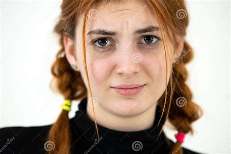 Close Up Portrait Of Innocent Looking Redhead Pretty Teenage Girl Stock
