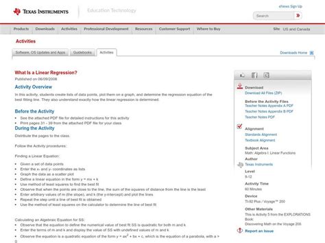 texas instruments what is a linear regression activity for 9th 10th