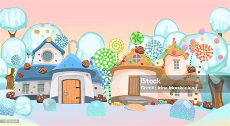 견과류와 아이스크림의 나무와 겨울 숲에서 사탕 오두막 달콤한 캐러멜 요정 집 여름 귀여운 풍경 만화 스타일의 평면 디자인에 그림 어린이를위한 사진 벡터 빵집에 대한 스톡