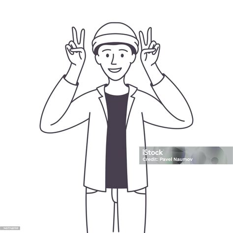 V 평화 기호를 긍정적인 손 제스처 개요 벡터 일러스트 레이 션으로 보여주는 남자 캐릭터 감정에 대한 스톡 벡터 아트 및 기타 이미지 감정 개념 격려 Istock