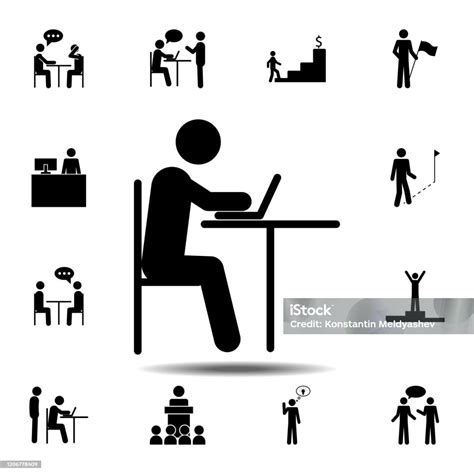 노트북 아이콘 뒤에 있는 남자 Ui 및 Ux 웹 사이트 또는 모바일 응용 프로그램에 대해 설정 된 사람 아이콘의 간단한 문양 평면 벡터 요소 걷기에 대한 스톡 벡터 아트 및