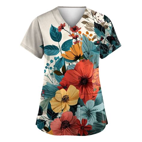 Adssdq Womens Scrubs Top Medical Workwear V Neck Graphic Floral Print