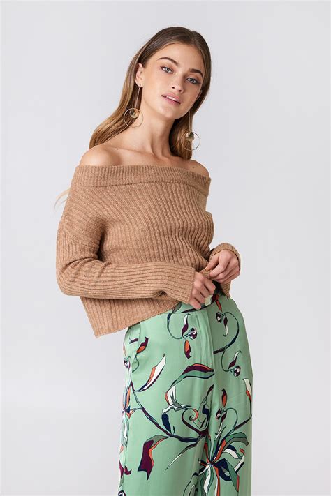 Off Shoulder Rib Knitted Sweater Rosa Na Kd