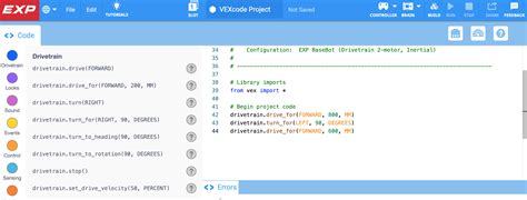 Vexcode Exp에서 Python 예제 프로젝트 및 템플릿 사용 Vex 라이브러리
