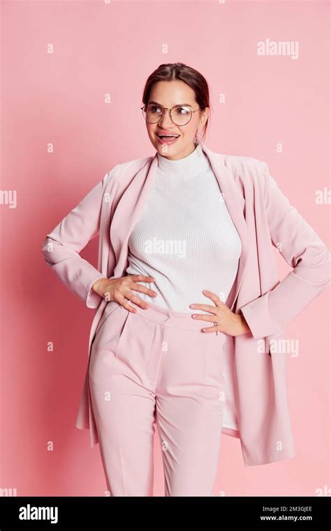 Portrait Of Beautiful Young Girl Business Woman In Suit And Glasses