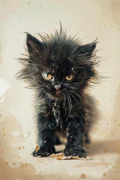 A Disheveled Black Kitten With Striking Golden Eyes Premium Ai