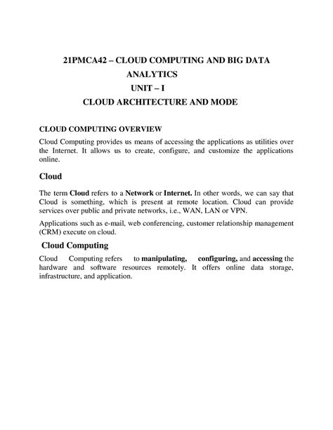 UNIT I Cloud Computing And Big Data Analytics 21PMCA42 CLOUD
