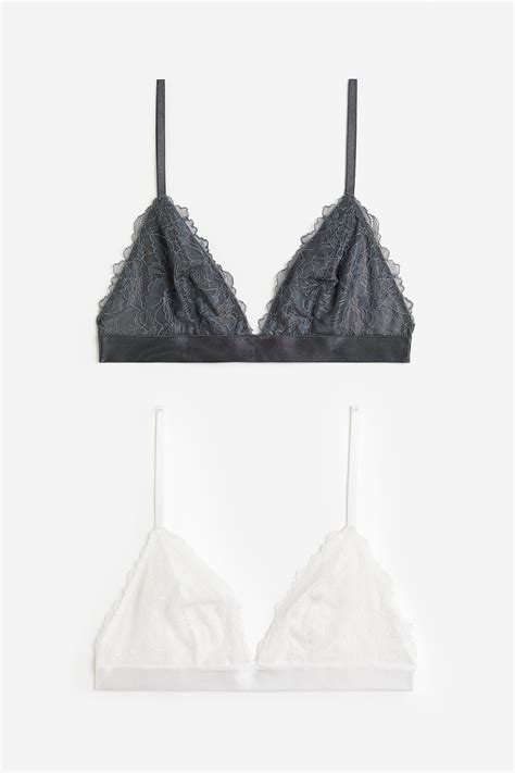 2 Pack Non Padded Lace Soft Bras Dark Greywhite Ladies Handm Gb