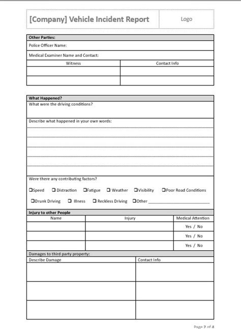 Vehicle Incident Report Form Automobile Accident Report And