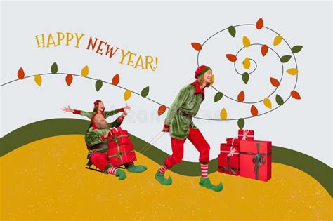 Creative Greeting Postcard Collage Of Funny Elf Deliver Carry T