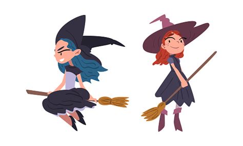 Funny Girl Witch Wearing Pointed Hat Holding Broom Vector Set Stock