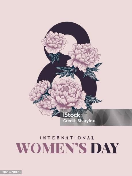 일러스트 엽서 3월 8일 세계 여성의 날을 위한 포스터 레터링 디자인의 판화 스타일 8번 모란 꽃 파스텔 색조 0명에 대한 스톡
