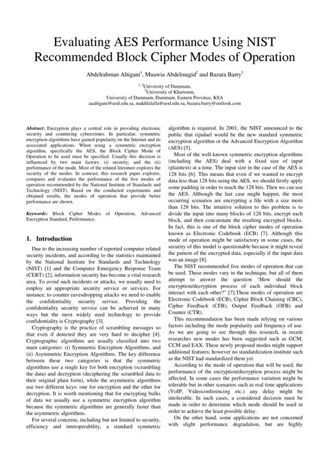 PDF Evaluating AES Performance Using NIST Recommended Block Cipher