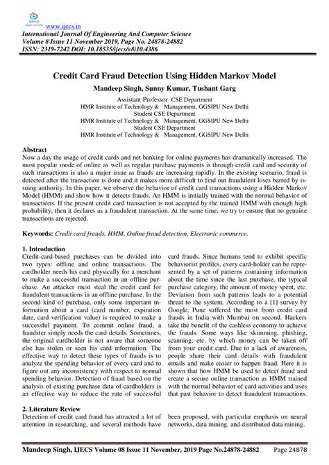Pdf Credit Card Fraud Detection Using Hidden Markov Model