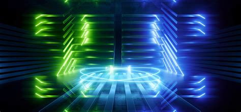 공상 과학 미래 단계 네온 레이저 활기찬 사이버 룸 금속 반사 표면 구조 어두운 외계인 우주선 복도 3d 렌더링에 푸른 녹색 조명 초현대적에 대한 스톡 사진 및 기타 이미지