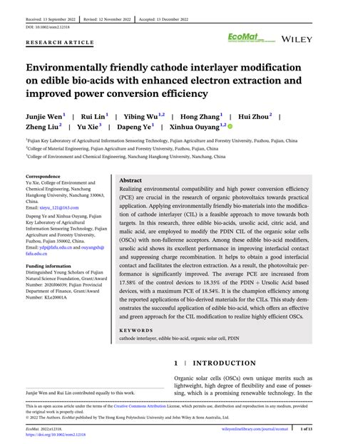 Pdf Environmentally Friendly Cathode Interlayer Modification On Edible Bio‐acids With Enhanced