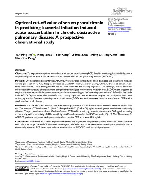 PDF Optimal Cut Off Value Of Serum Procalcitonin In Predicting Bacterial Infection Induced