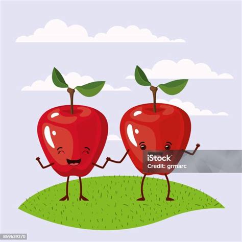 색 장면 몇 표현 제스처 사과 과일 귀여운 손을 잡고 하늘 풍경과 잔디 설정 건강한 생활방식에 대한 스톡 벡터 아트 및 기타