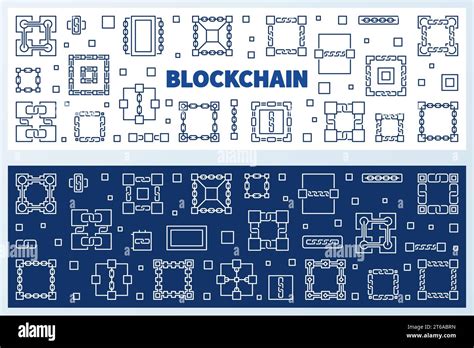 Block Chain Line Concept Horizontal Banners Set Of 2 Blockchain Technology Vector Illustrations