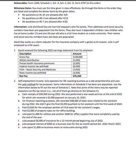 Deliverables Form 1040 Schedule 1 Sch A Sch C