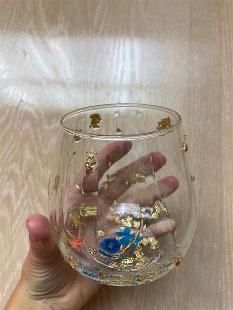 Pressed Flower Stemless Wine Glasses Dried Flowers And Gold Etsy