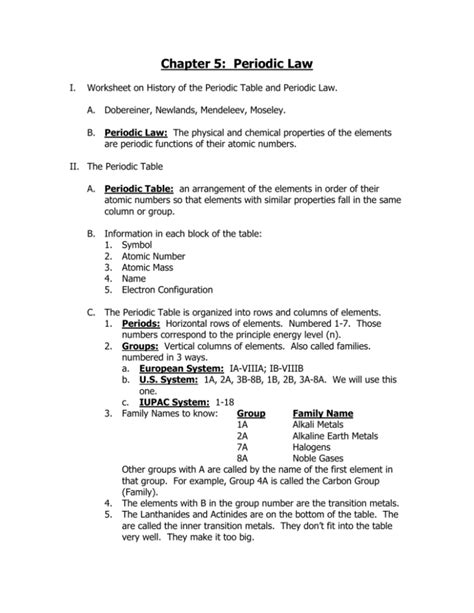 Periodic Law Worksheet History Properties Trends