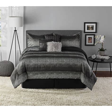 Mainstays 7 Piece Ombre Metallic Stripe Comforter Set Full Queen