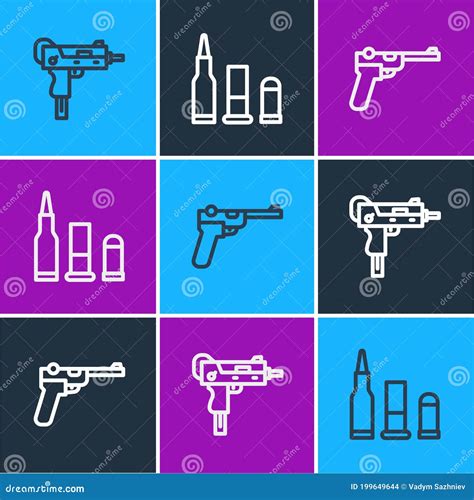 Définissez La Ligne De Mitraillette Uzi Icône Mauser Et De Balle