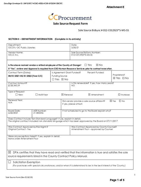 Fillable Online Sole Source Request Form Instruction Sheet Orange