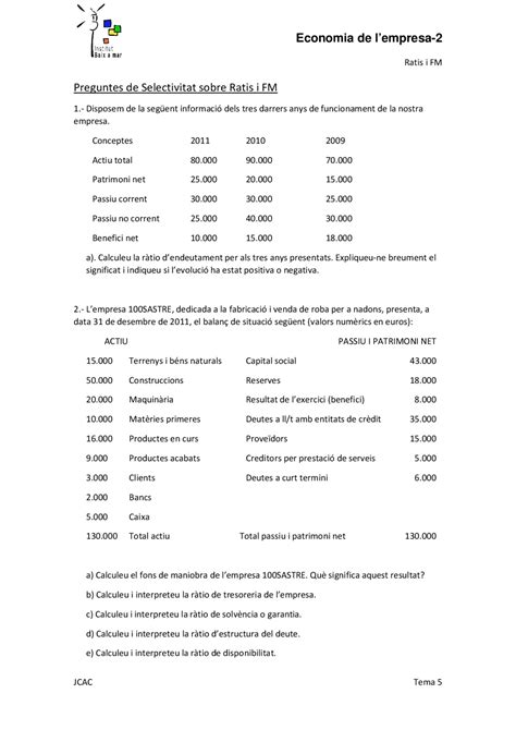 Ràtios Financeres Exercicis Docsity
