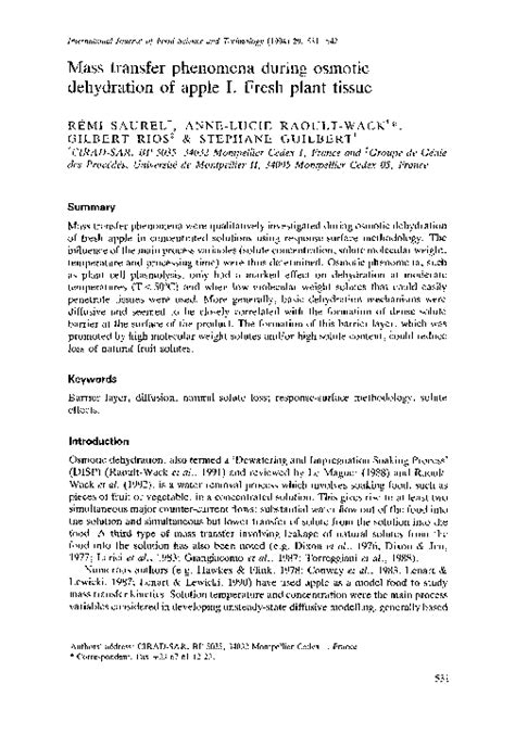 Pdf Mass Transfer Phenomena During Osmotic Dehydration Of Apple Ii Frozen Plant Tissue