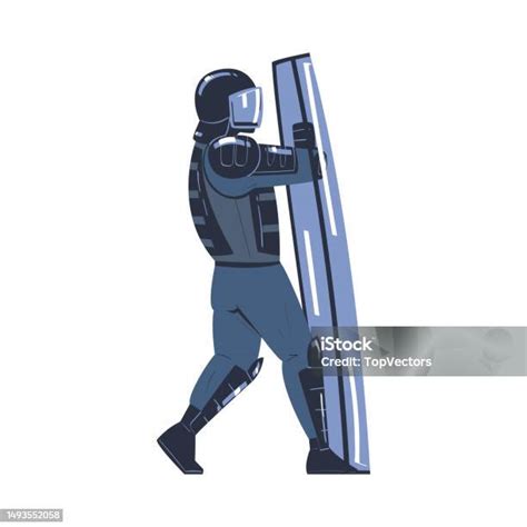 제복을 입고 헬멧을 쓴 진압 경찰관과 분대원이 방패 벡터 삽화 아래에 숨어 있다 감시에 대한 스톡 벡터 아트 및 기타 이미지