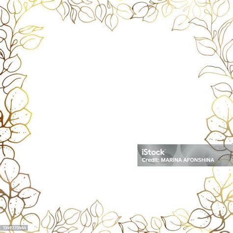 흰색 배경에 황금 잎과 나뭇 가지로 만든 사각형 프레임 사각형 프레임과 추상화에서 형태의 미니멀리즘 식물의 잎과 가지 벡터 그림입니다 금색에 대한 스톡 벡터 아트 및 기타