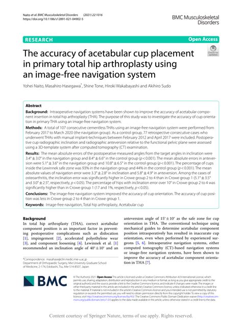 Pdf The Accuracy Of Acetabular Cup Placement In Primary Total Hip Arthroplasty Using An Image