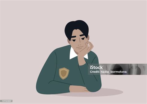 손으로 얼굴을 받치고 있는 젊은 아시아 학생 주의 깊은 경청자 사색에 대한 스톡 벡터 아트 및 기타 이미지 사색 학생 강당 Istock