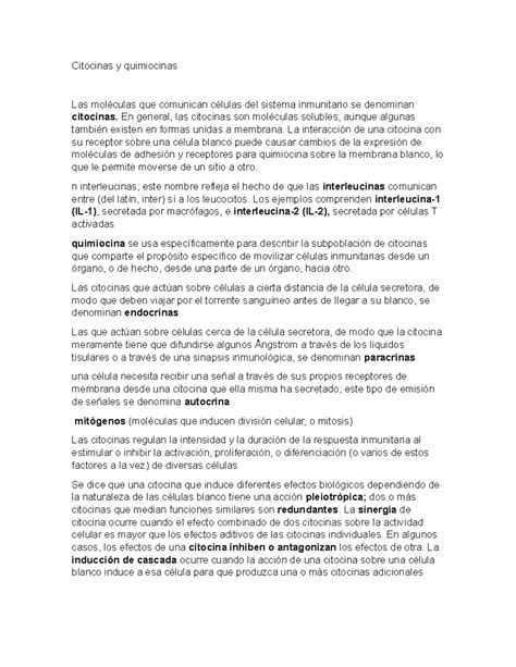 Citocinas Y Quimiocinas En General Las Citocinas Son Moléculas